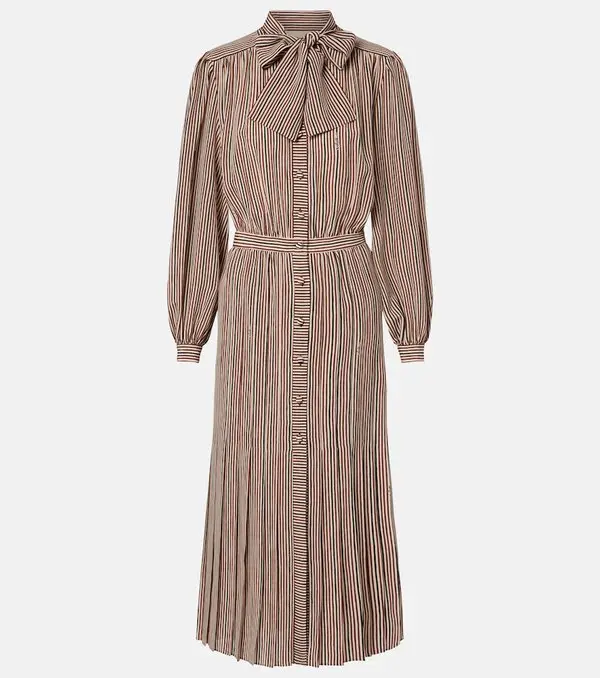 Valentino Garavani Striped Silk Tie-neck Midi Dress - Brown