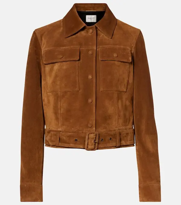 Saint Laurent Belted Cropped Suede Jacket - Brown