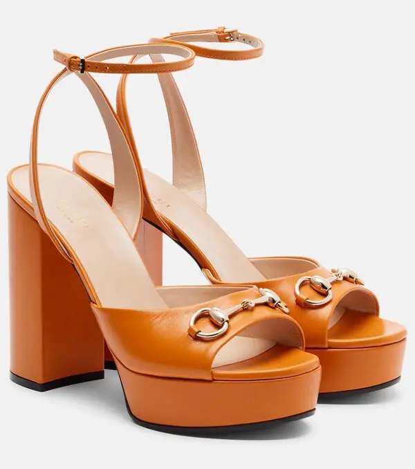 Gucci Horsebit Leather Platform Sandals - Orange