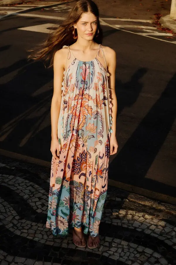 Farm Rio Multicolor Boho Floral Delhi Pleated Maxi Dress - Boho Floral Delhi Mix