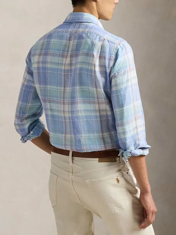 Polo Ralph Lauren Checked Slub Linen Shirt - Sky Blue