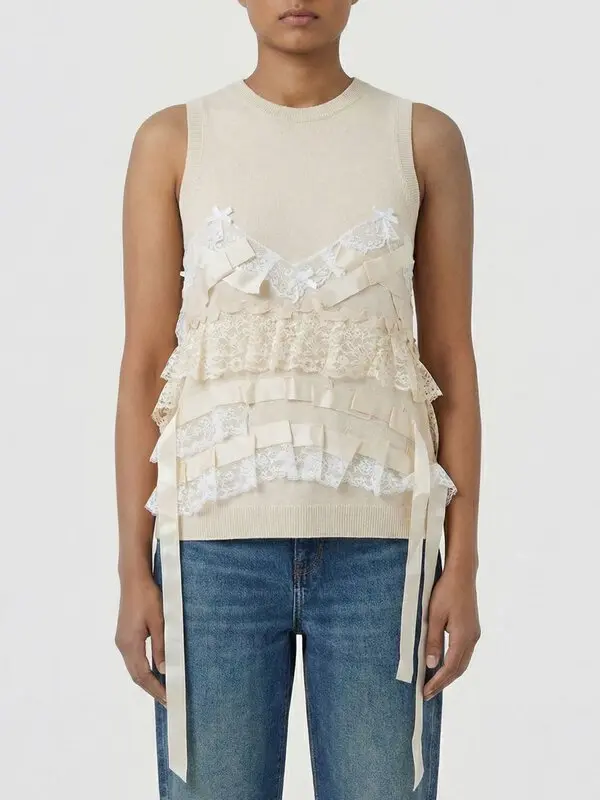 ANIYE BY Sleeveless Knit Top With Lace And Ribbon Embellishments - White