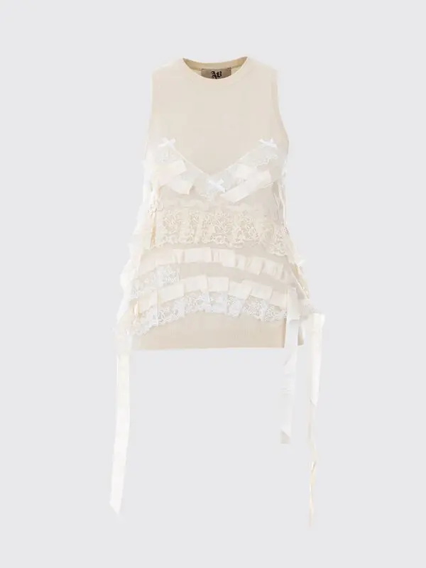 ANIYE BY Sleeveless Knit Top With Lace And Ribbon Embellishments - White