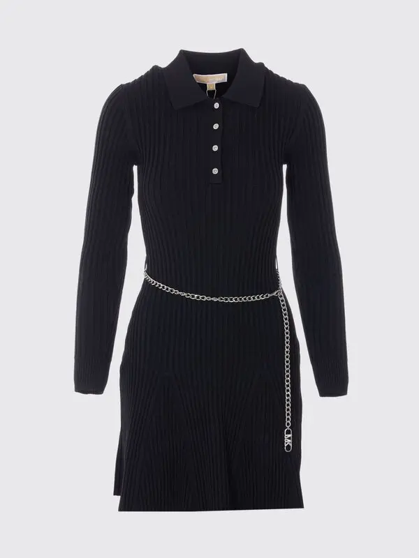 Michael Kors Ribbed Knit Polo Dress With Chain Belt