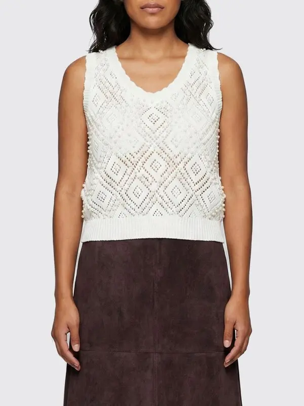 TWINSET Openwork Cotton Blend Knit Top With Pearl Embellishments