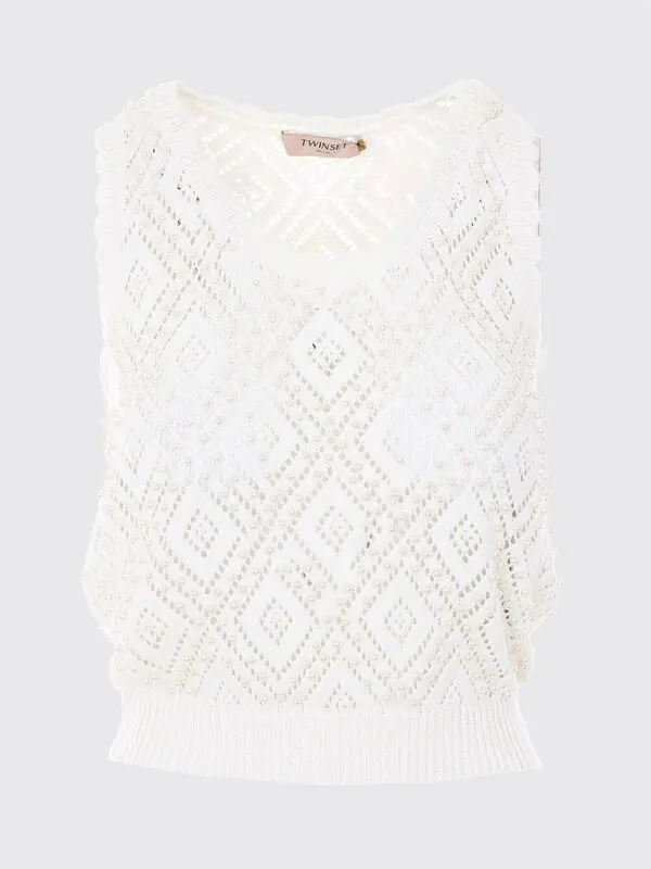 TWINSET Openwork Cotton Blend Knit Top With Pearl Embellishments