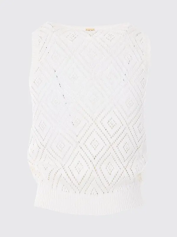 TWINSET Openwork Cotton Blend Knit Top With Pearl Embellishments