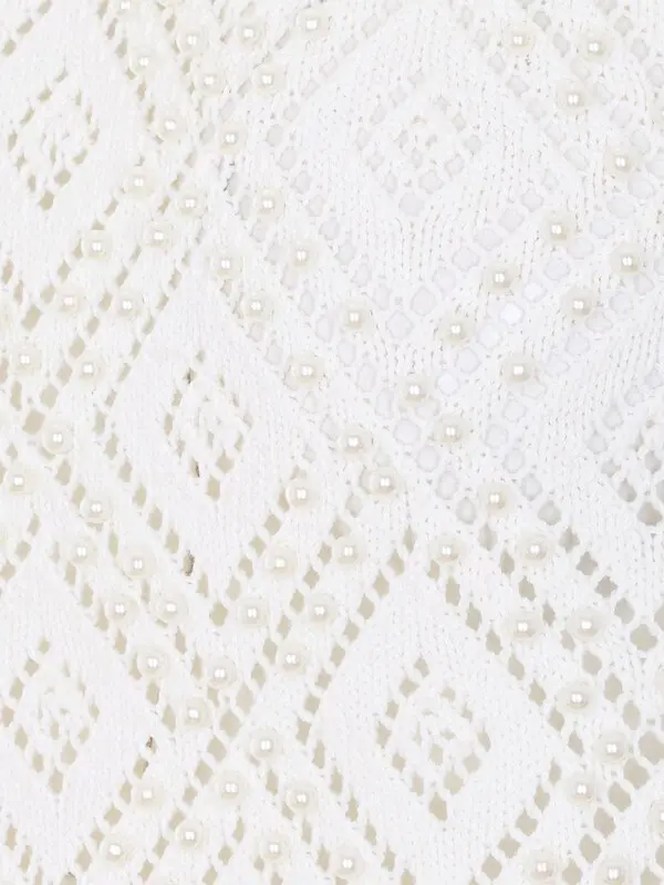 TWINSET Openwork Cotton Blend Knit Top With Pearl Embellishments
