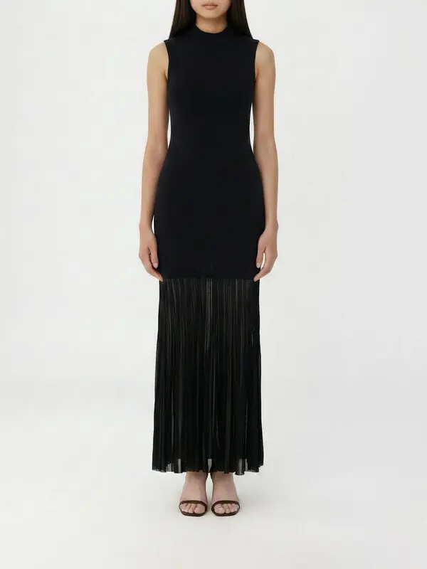 Michael Kors Sleeveless High Neck Stretch Polyester Sheath Dress With Pleated Maxi Skirt