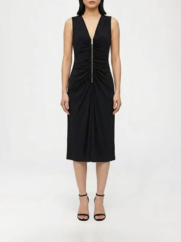 Michael Kors Sleeveless V-neck Zip Front Midi Dress - Black