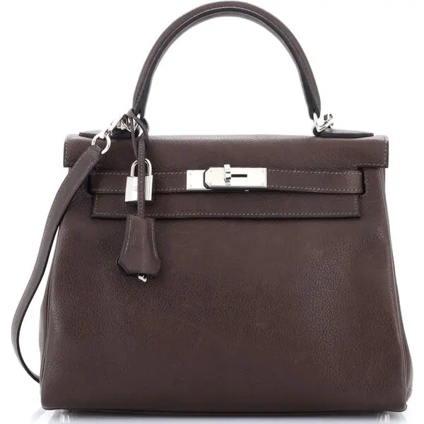 HERMES Kelly Handbag Brown Barenia Faubourg With Palladium Hardware 28 - Ebene
