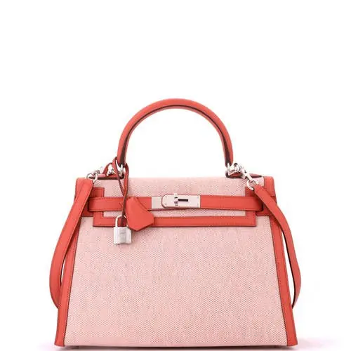Hermès Kelly Handbag Toile And Brown Swift With Palladium Hardware 28 - Red