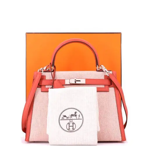 Hermès Kelly Handbag Toile And Brown Swift With Palladium Hardware 28 - Red