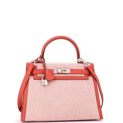 Hermès Kelly Handbag Toile And Brown Swift With Palladium Hardware 28 - Red