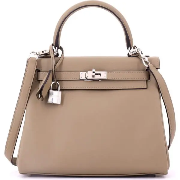 HERMES Kelly Handbag Brown Swift With Palladium Hardware 25 - Beige Marfa