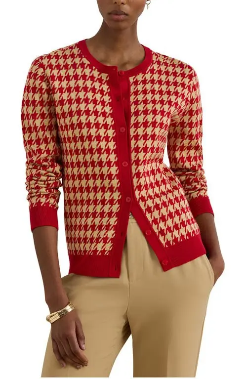 Ralph Lauren Houndstooth Cotton Blend Cardigan - Red/tan