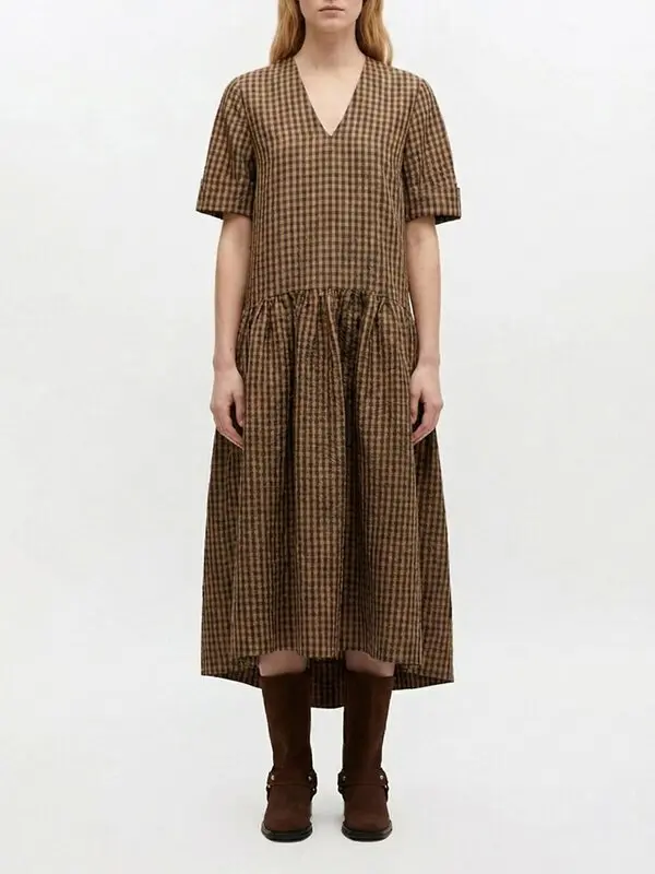GANNI Checked Midi Dress - Brown