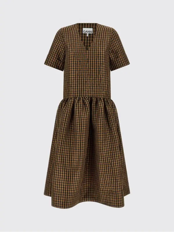 GANNI Checked Midi Dress - Brown