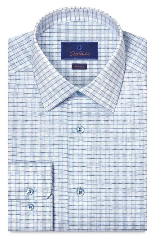 David Donahue Regular Fit Check Cotton Dobby Dress Shirt - White/blue