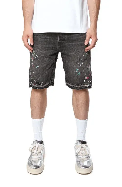 PURPLE BRAND Embroidered Splatter Relaxed Denim Shorts - Black