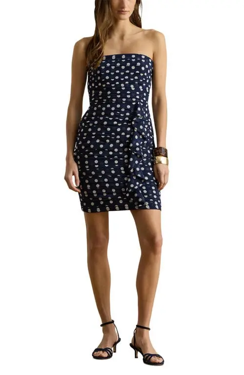Ralph Lauren Ruched Polka Dot Strapless Cocktail Dress - Navy Blue/cream