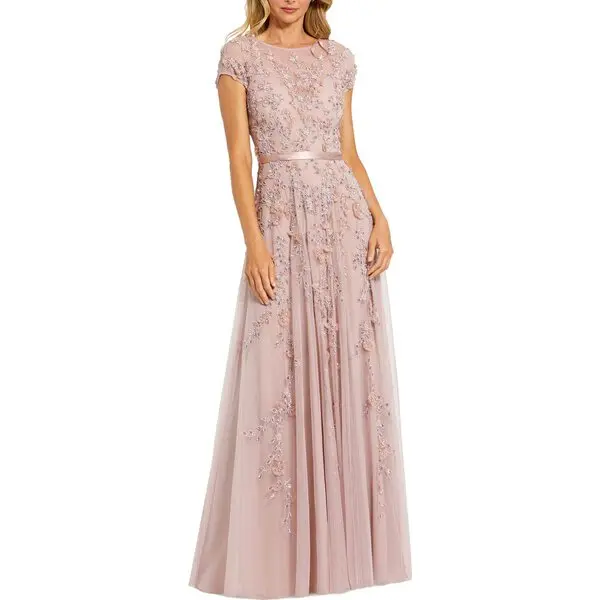 Mac Duggal Petite Floral Embellished Mesh Gown - Mocha