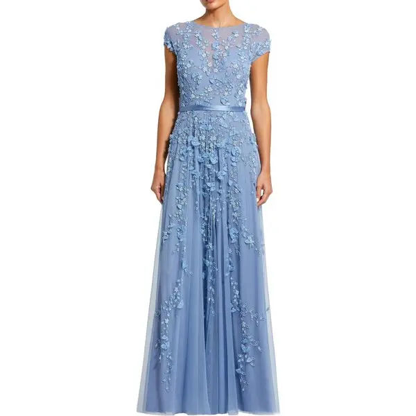 Mac Duggal Petite Floral Embellished Mesh Gown - Sky Blue