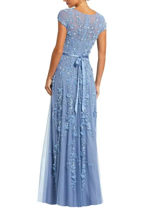 Mac Duggal Petite Floral Embellished Mesh Gown - Sky Blue