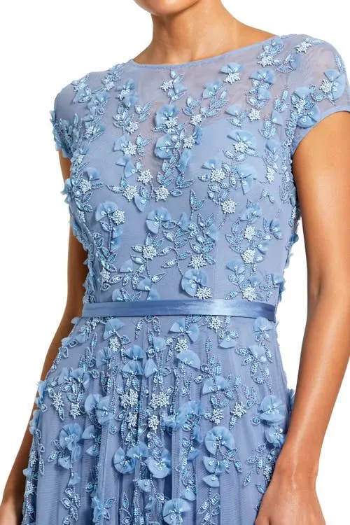 Mac Duggal Petite Floral Embellished Mesh Gown - Sky Blue