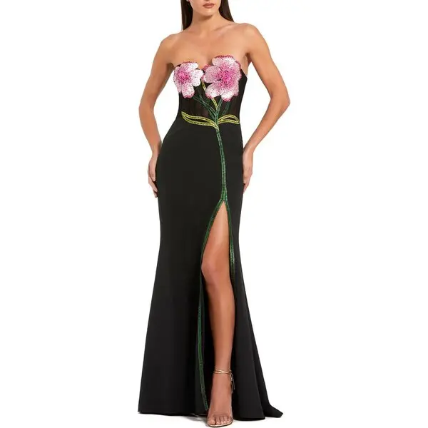 Mac Duggal Strapless Sheer Bustier Crystal Flower Gown - Black
