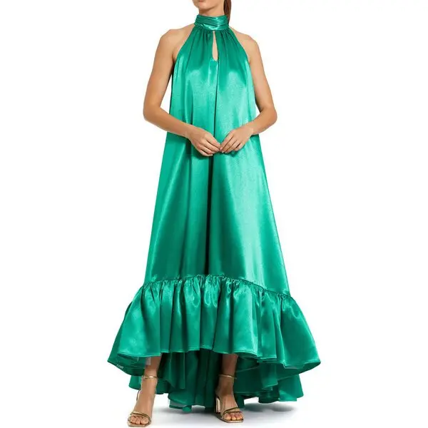 Mac Duggal Sleeveless Halter Neck Keyhole Satin High Low Gown - Jade