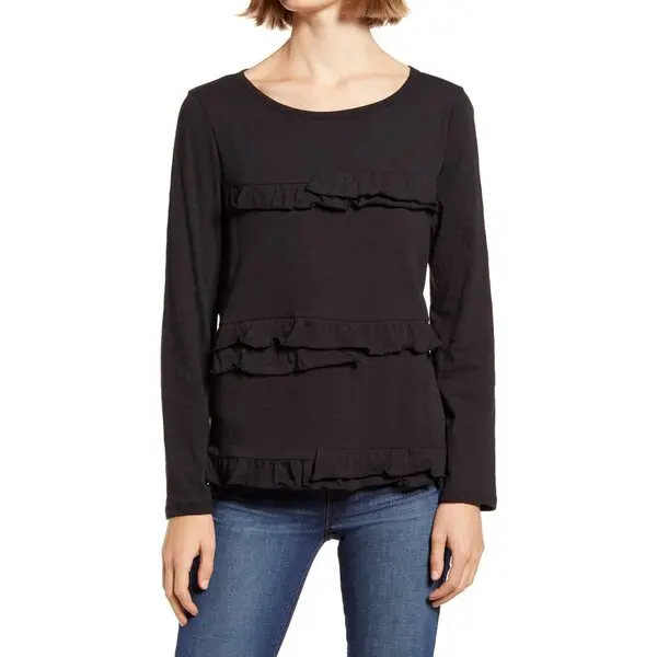 J. Crew Vintage Ruffle Long Sleeve T-shirt - Black