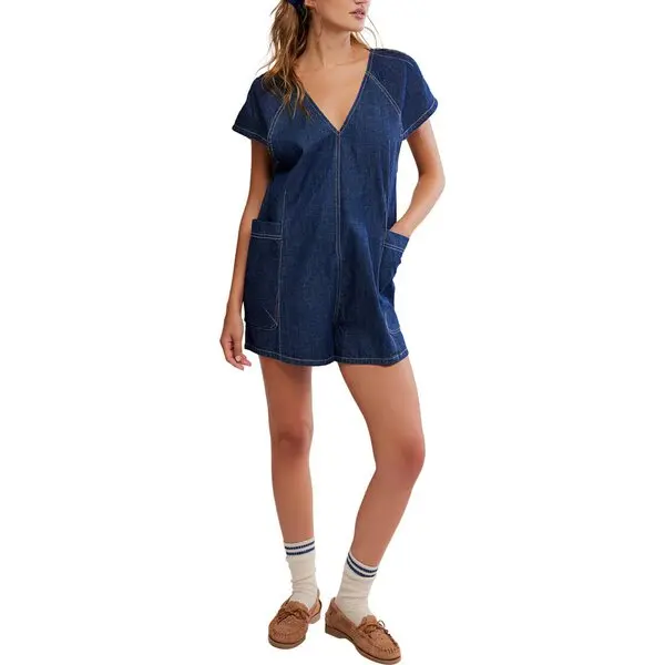 Free People Free Fall Denim Romper - Deep Blue