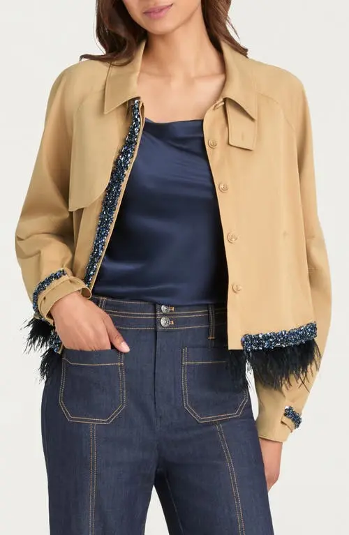 Cinq À Sept Carmila Sequin & Feather Detail Crop Trench Coat - Khaki/navy