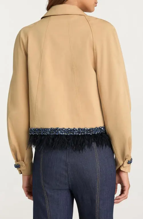 Cinq À Sept Carmila Crop Trench Coat With Sequins And Feather Details