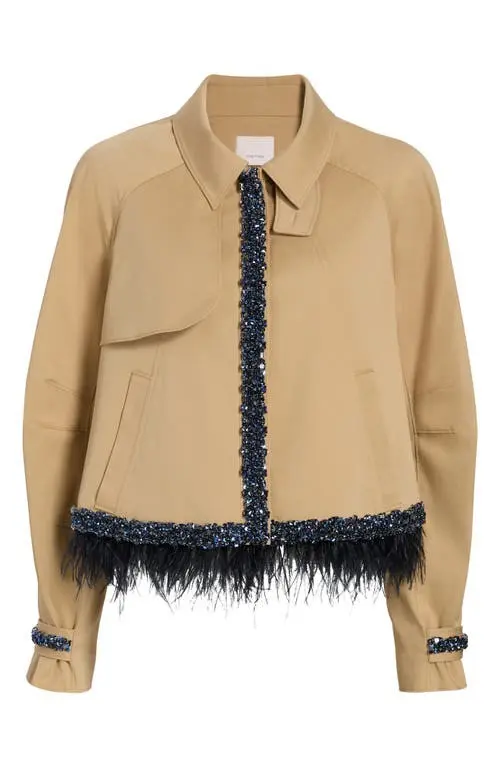 Cinq À Sept Carmila Crop Trench Coat With Sequins And Feather Details