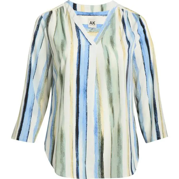 Anne Klein Stripe V-neck Top - White Dove Multi