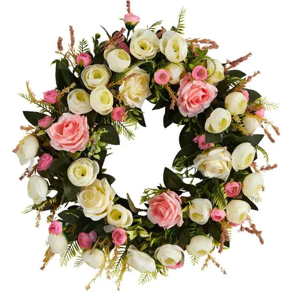 NEARLY NATURAL 20-in White & Rose Artificial Wreath - Pink
