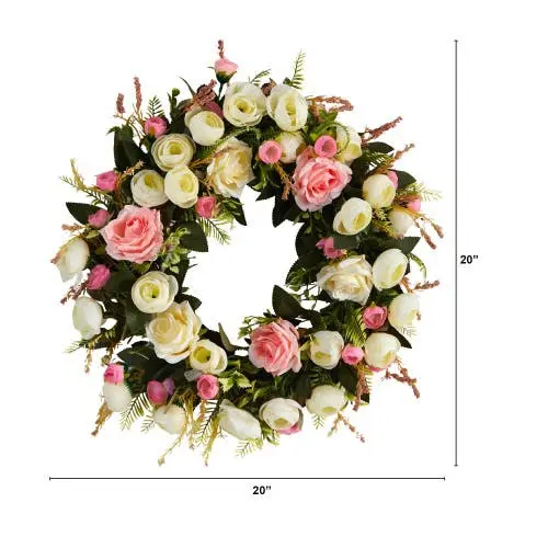 NEARLY NATURAL 20-in White & Rose Artificial Wreath