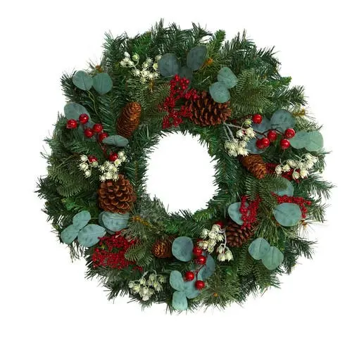 NEARLY NATURAL 24-in Eucalyptus And Pine Artificial Wreath With Berries And Pine Cones - Green