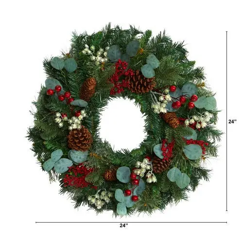 NEARLY NATURAL 24-in Eucalyptus And Pine Artificial Wreath With Berries And Pine Cones