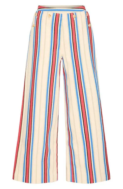ICHI Iherina Pleated Stripe High Waist Pants - Blue And Red Stripe