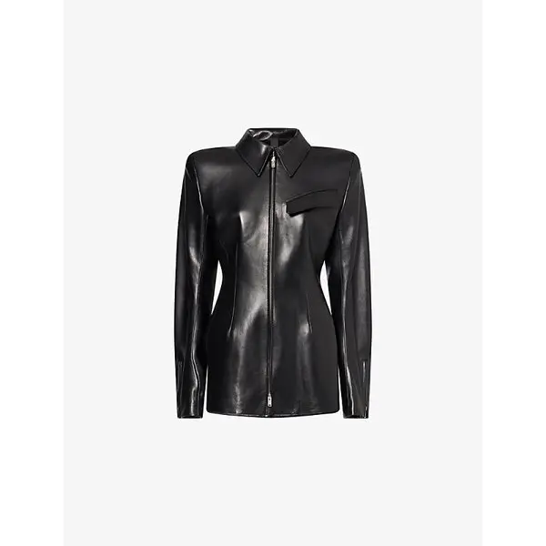MUGLER Collared Cinched-waist Leather Jacket - Black