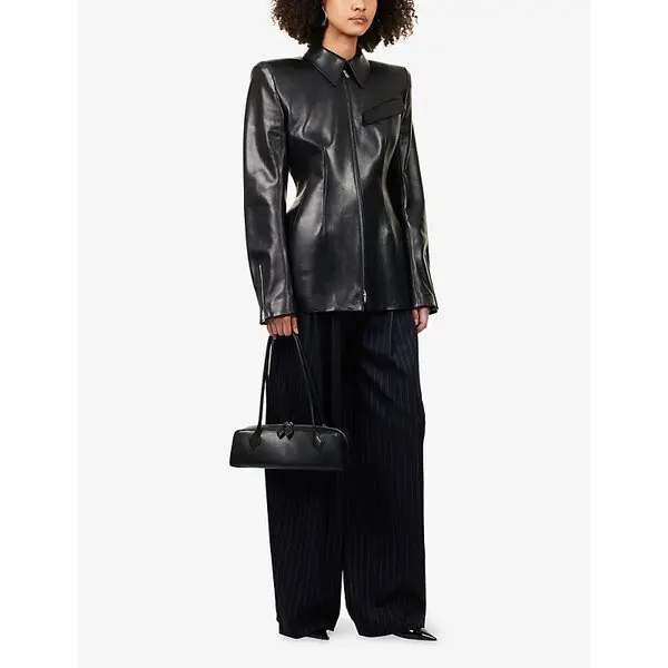MUGLER Collared Cinched-waist Leather Jacket
