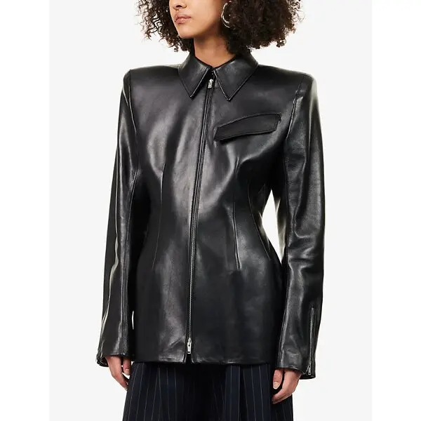 MUGLER Collared Cinched-waist Leather Jacket