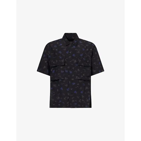 Sacai Floral-print Short-sleeve Cotton-blend Shirt - Black