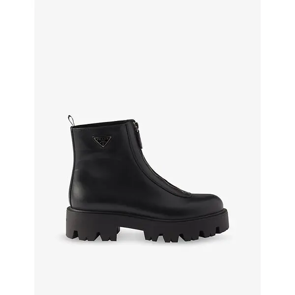 Prada Leather Zipper Ankle Boots - Black