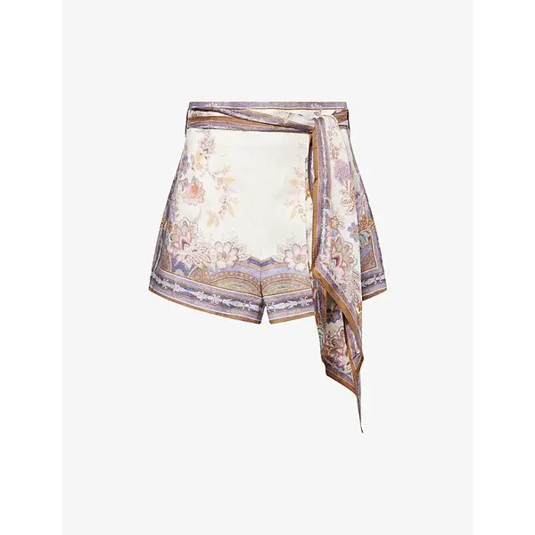Zimmermann Luna Scarf-tie Linen Shorts - Cream Blue Paisley