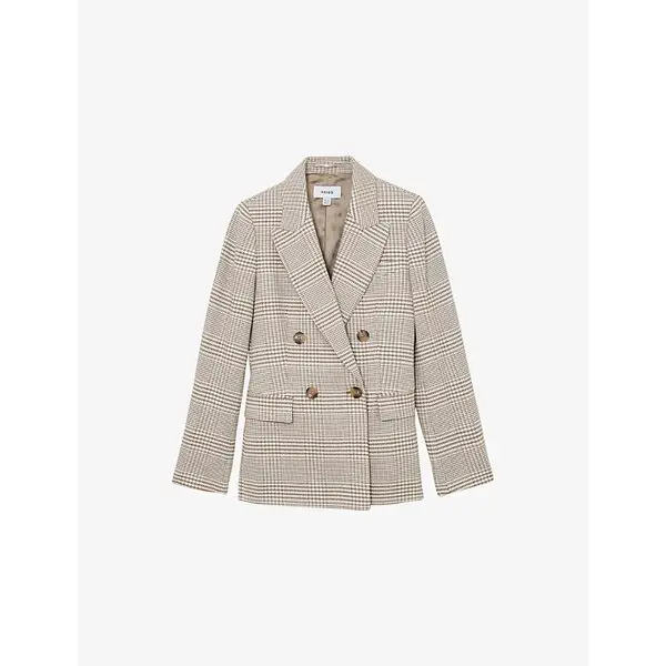 REISS Maxwell Checked Double-breasted Cotton-blend Blazer - Neutral