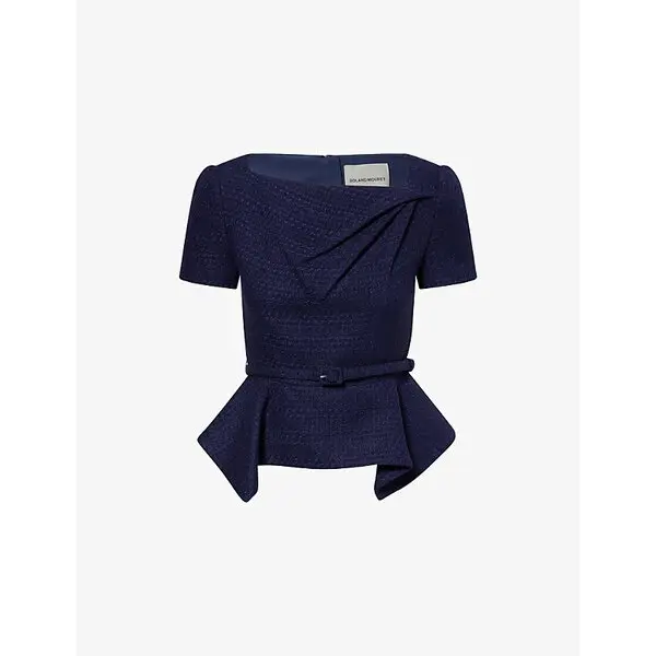 Roland Mouret Asymmetric-hem Belted Boucle Top - Navy